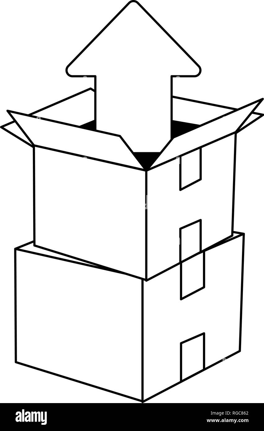 cardboard boxes open with arrow up black and white Stock Vector Image ...