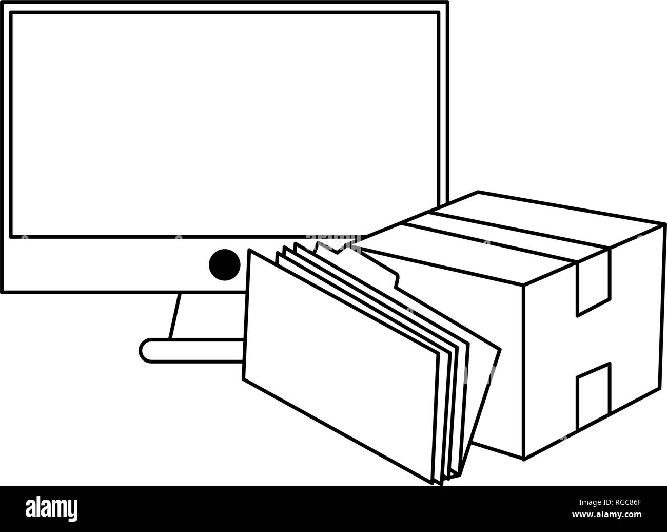 computer and cardboard box with folder black and white Stock Vector ...