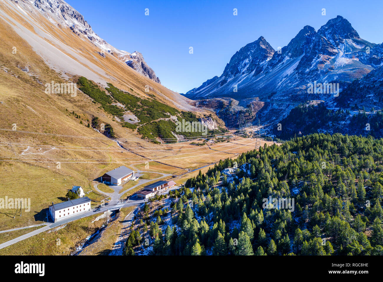 Switzerland, Grisons, Albula Valley, Albula Pass road, Aerial view ...