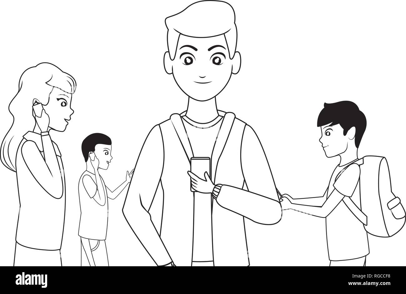 Group happy friends smartphone Black and White Stock Photos & Images ...