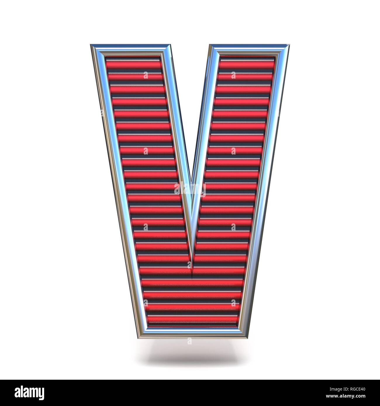 Metal red lines font Letter V 3D render illustration isolated on white ...