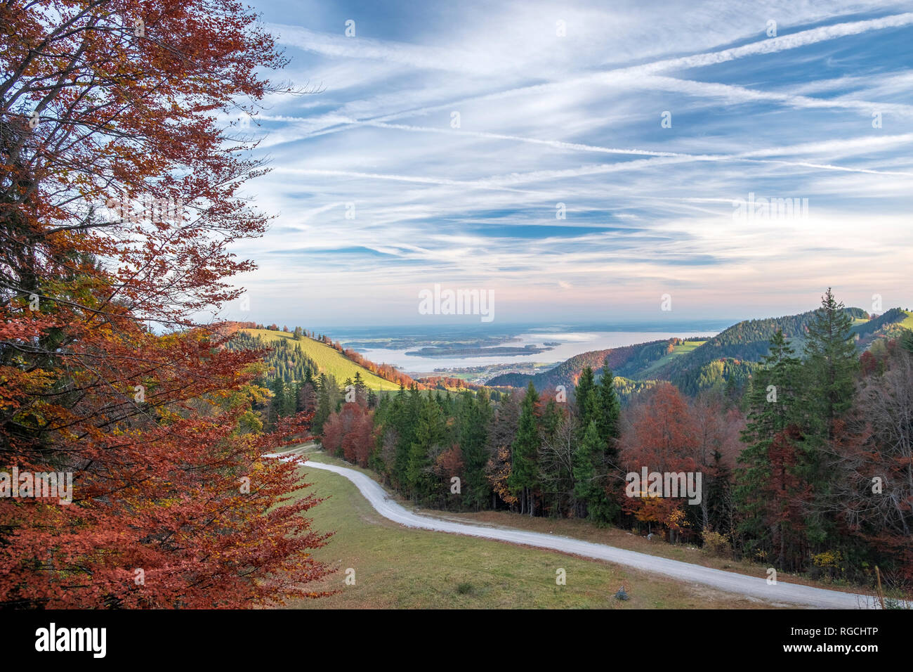 Germany, Upper Bavaria, Aschau, Autumn forest, View to Chiemsee in the ...