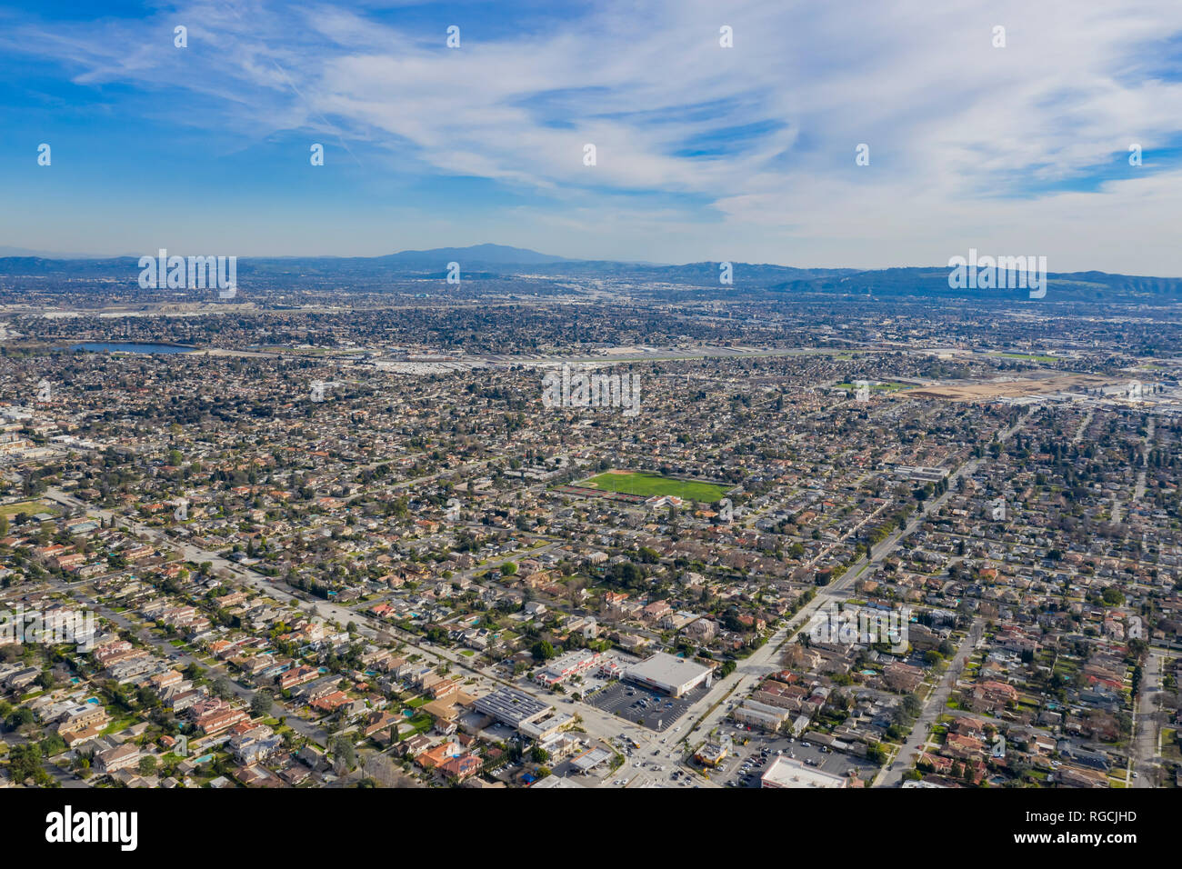 Aerial view of the Temple City, Arcadia area at Los Angeles County ...