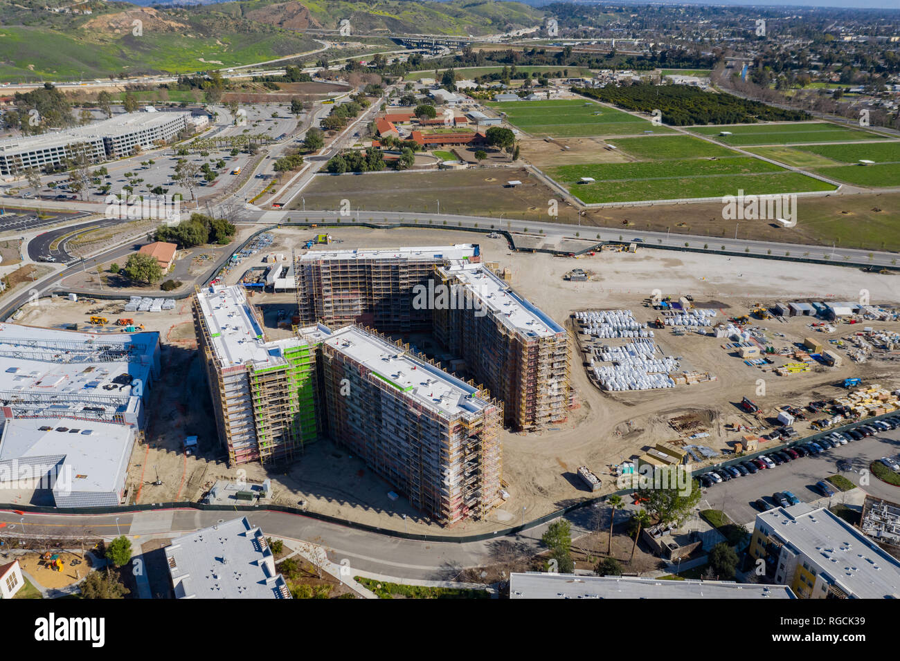 Aerial view of a Construction site in Cal Poly Pomona campus ...