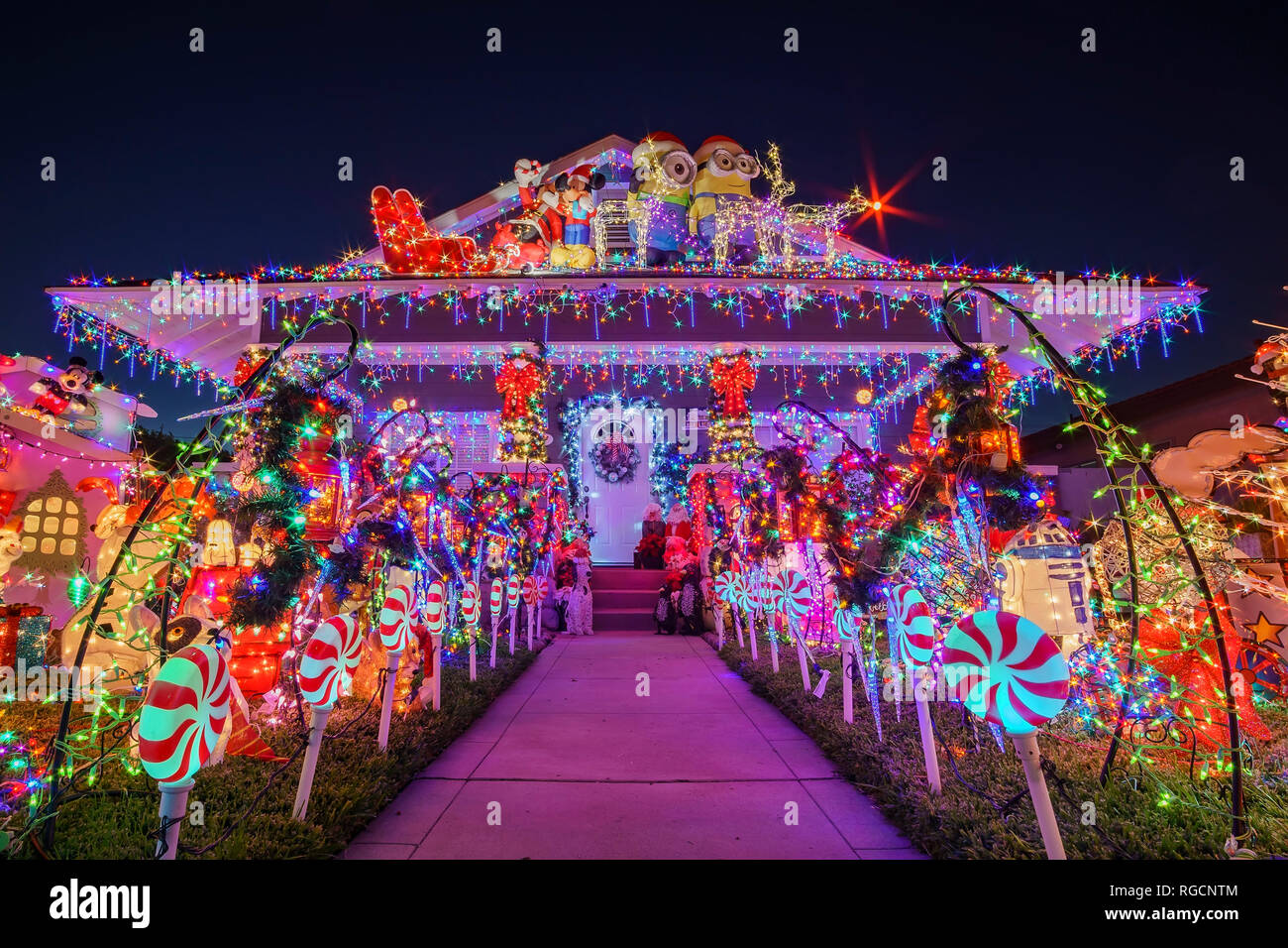 Los Angeles, DEC 7: Night view of many Christmas decoration on a house ...