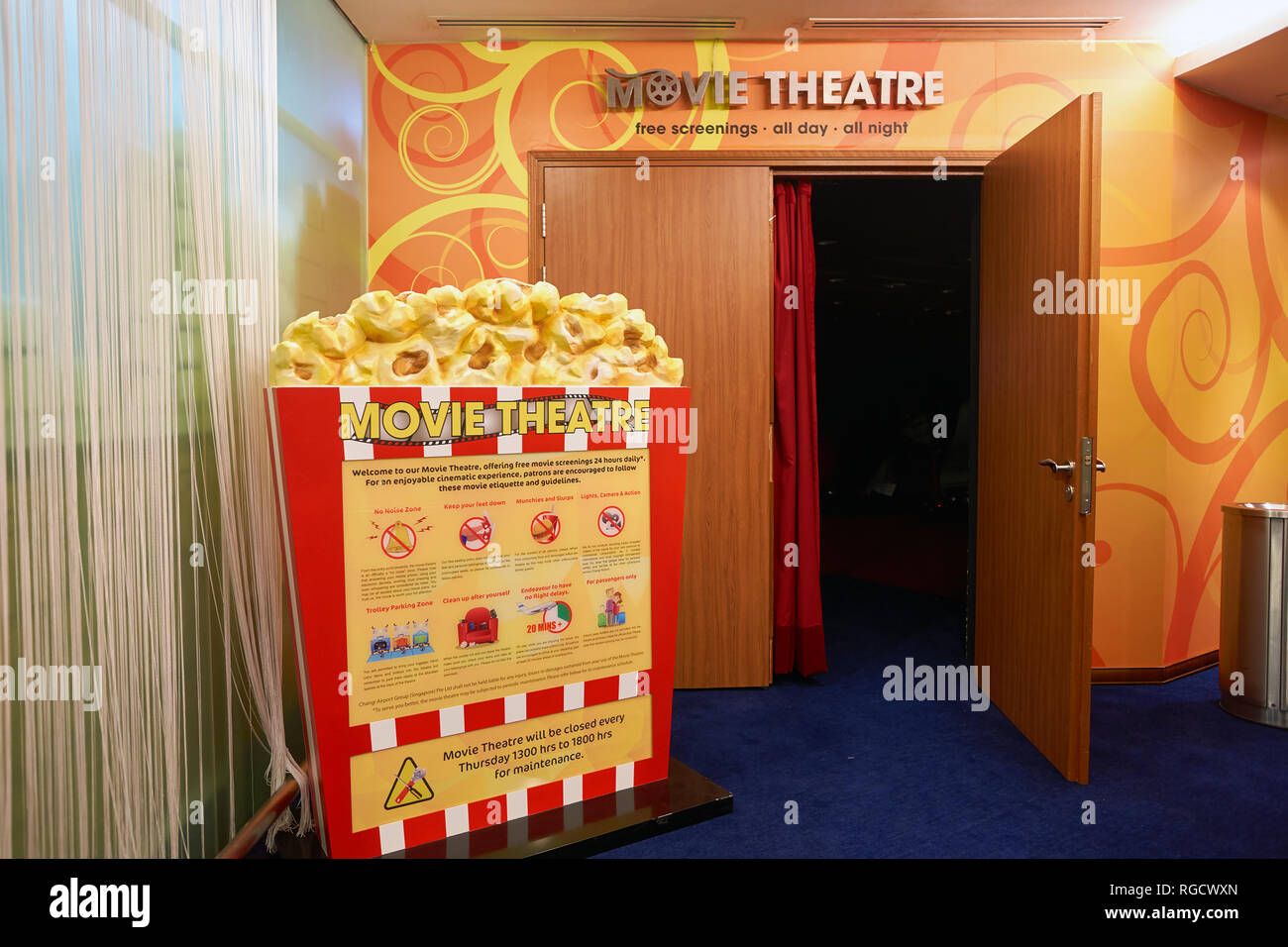 SINGAPORE - CIRCA AUGUST, 2016: Movie theatre at Singapore Changi ...