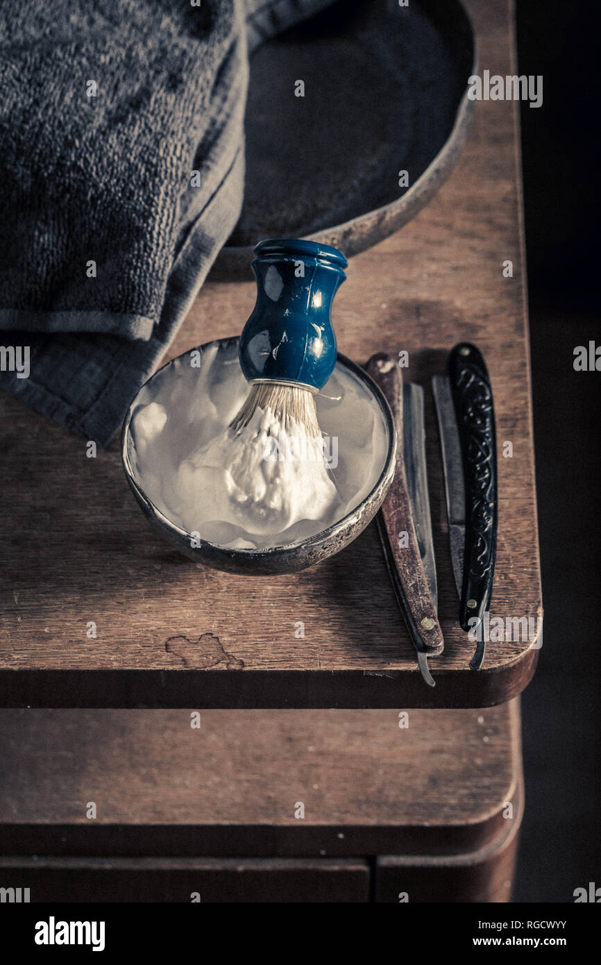 Vintage tools for shave with soap, brush and old razor Stock Photo - Alamy