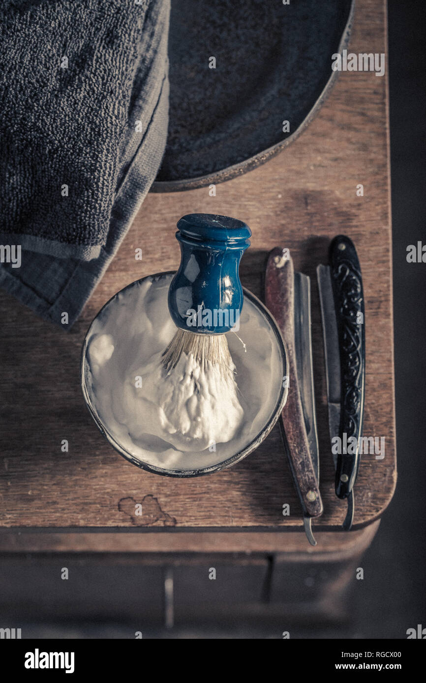 Unique tools for shave with old razor, soap and brush Stock Photo - Alamy