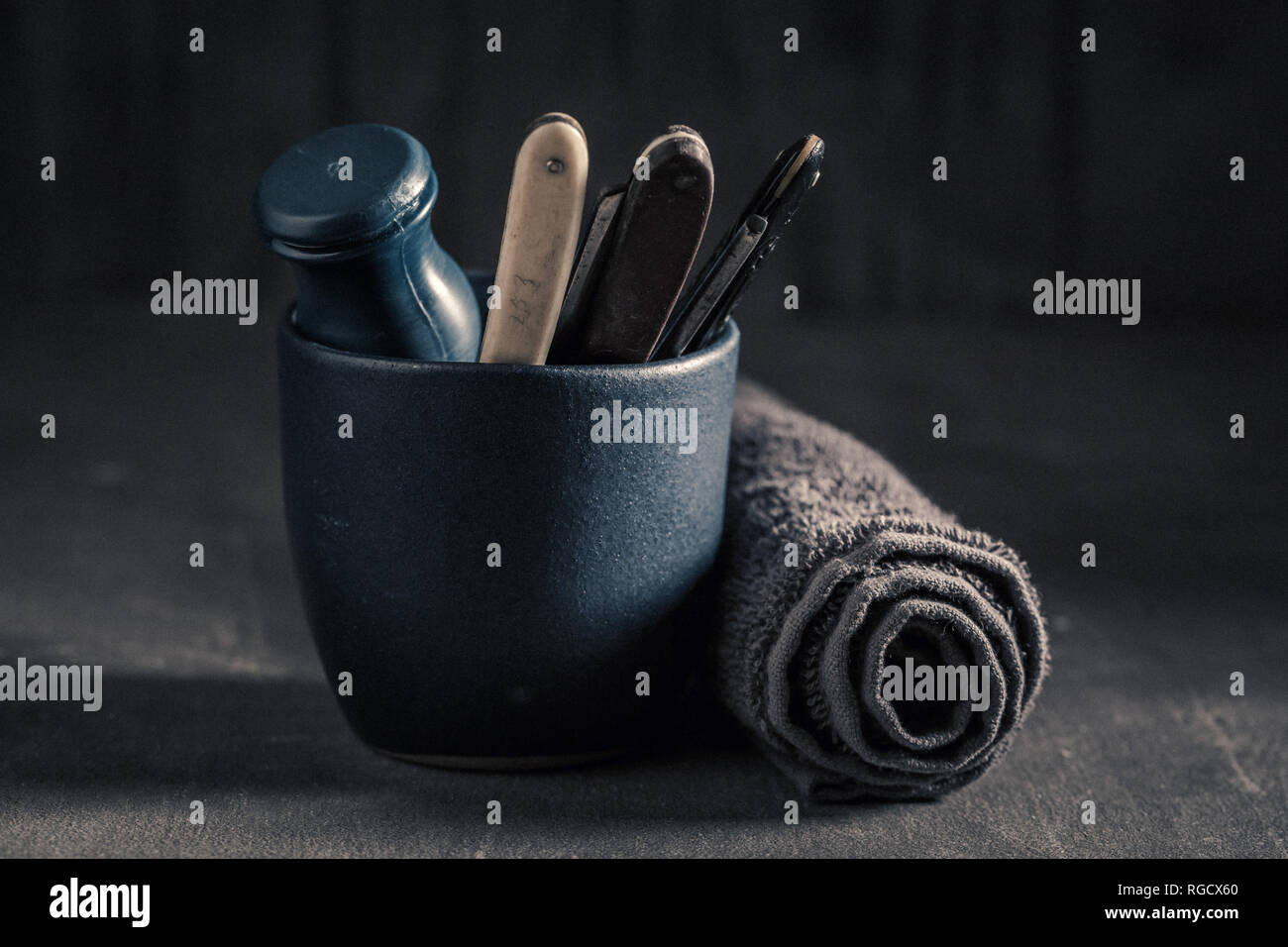 Classic shaving set with foam, old razor and brush Stock Photo - Alamy