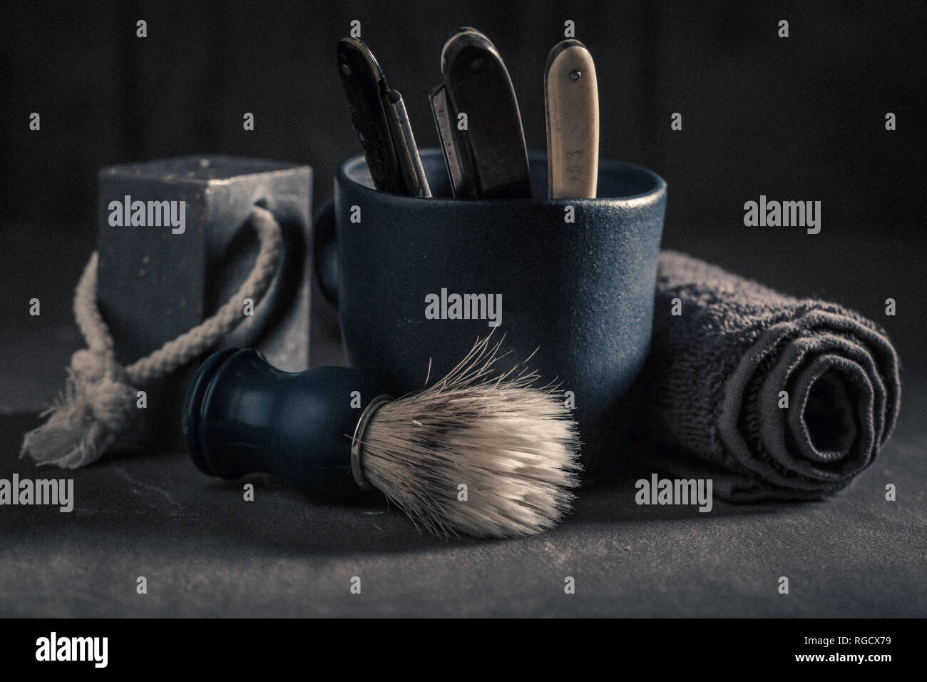 Classic tools for shave with foam, old razor and brush Stock Photo - Alamy