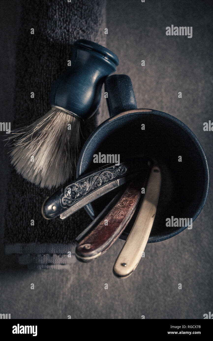 Vintage tools for shave with old razor, soap and brush Stock Photo - Alamy