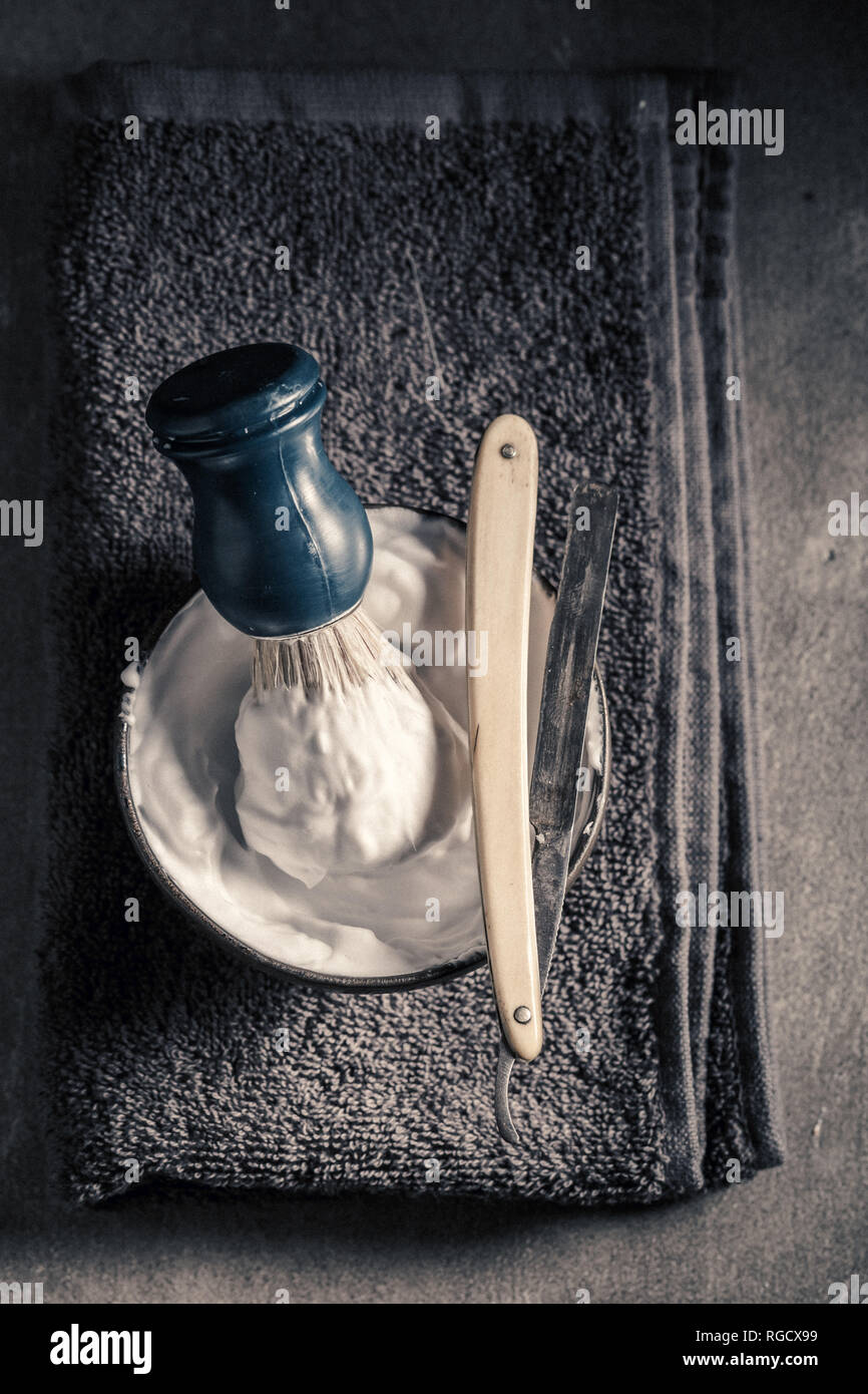 Tools for shave with foam, old razor and brush Stock Photo - Alamy