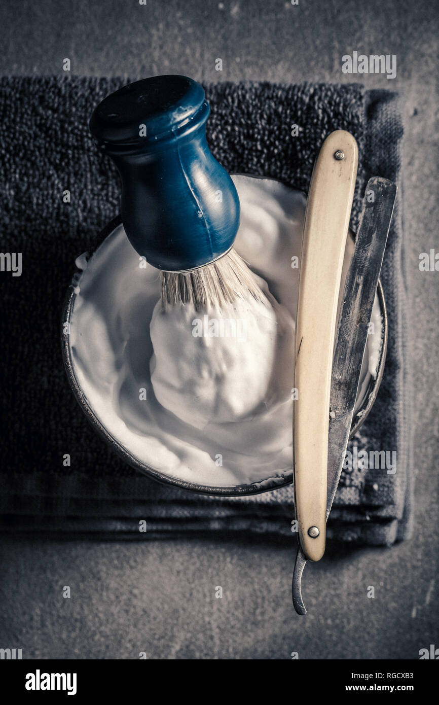 Tools for shave with soap, brush and old razor Stock Photo - Alamy