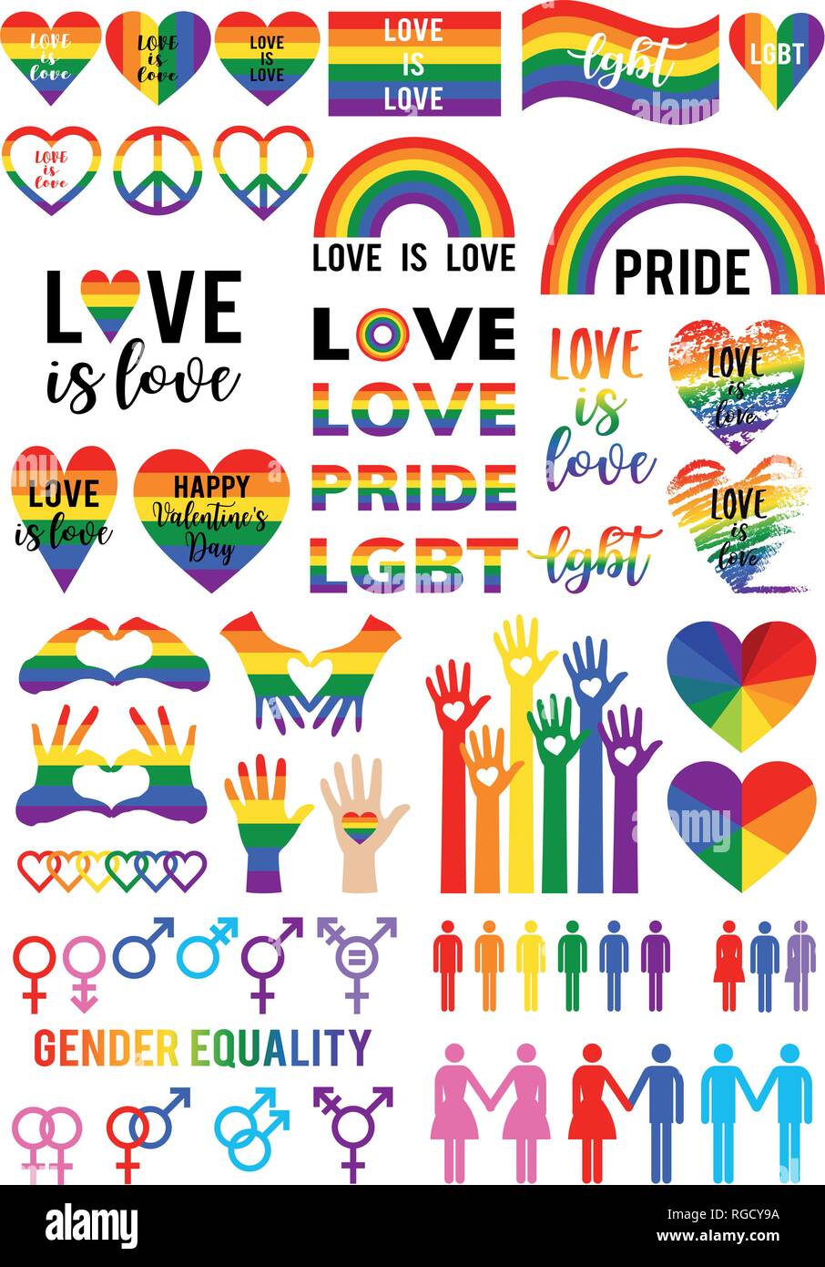 Love is love, LGBT, gay, pride, rainbow flag, heart symbols, hand signs ...