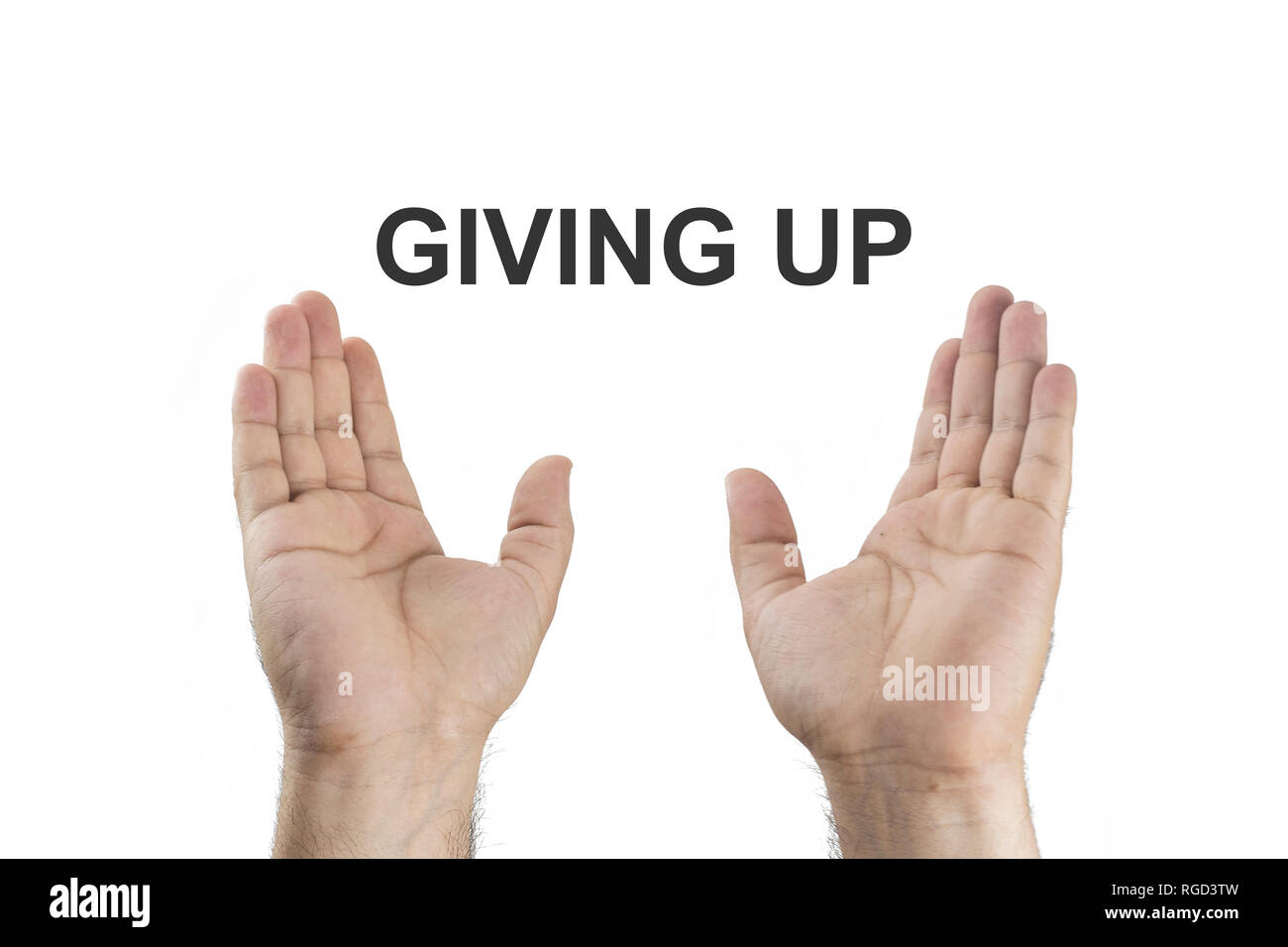 Man hands on white with giving up text Stock Photo - Alamy