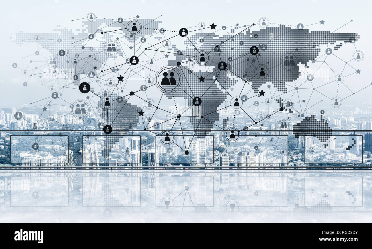 Concept of global communication and networking with world map over ...