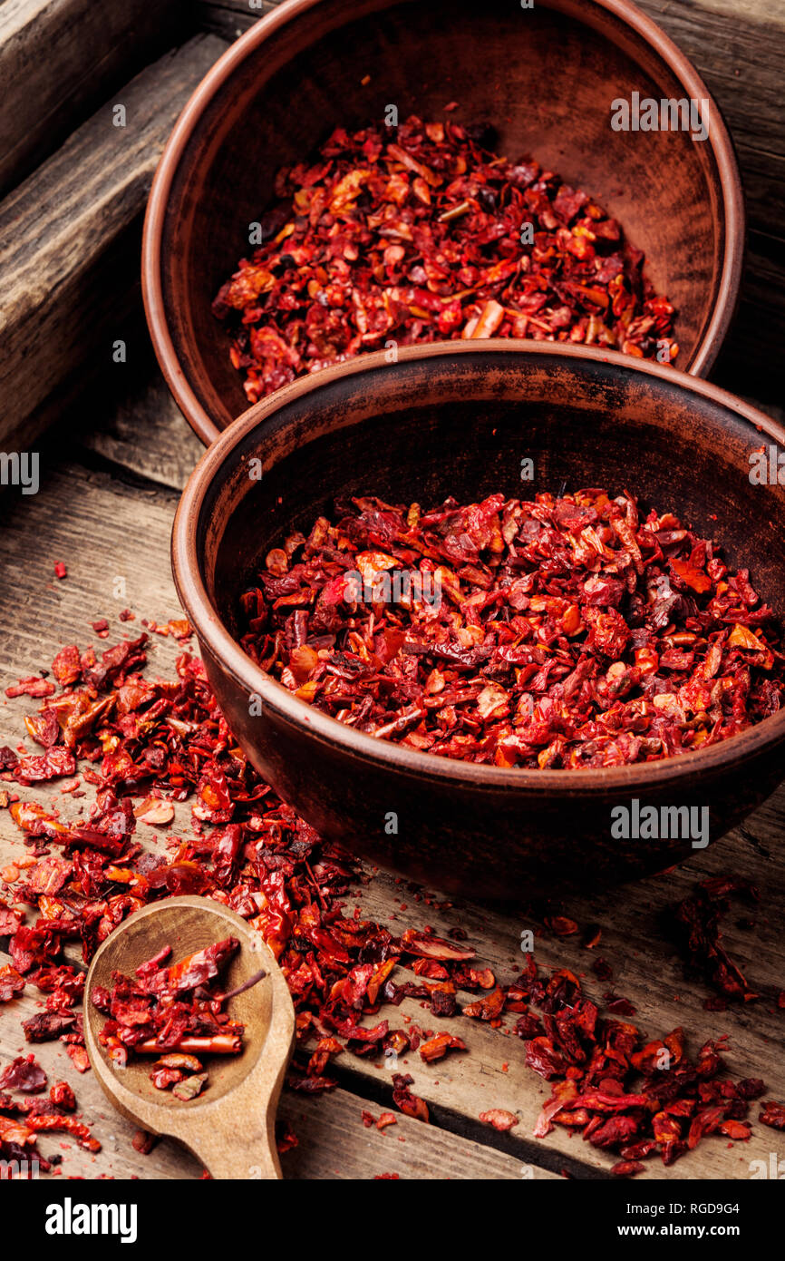 Sweet red sliced pepper as seasoning.Indian spices.Hot chili Stock ...