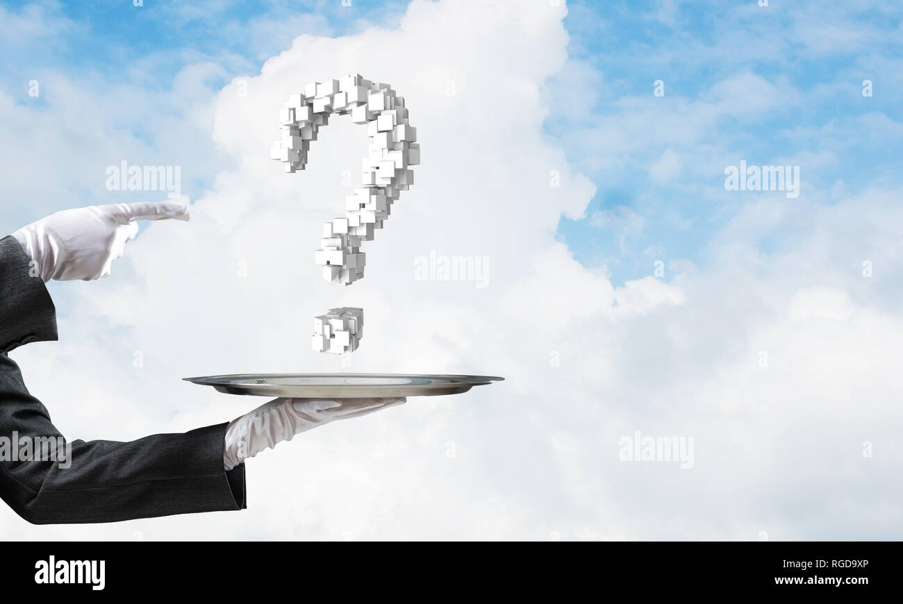 Hand of waiter presenting question mark on tray Stock Photo - Alamy