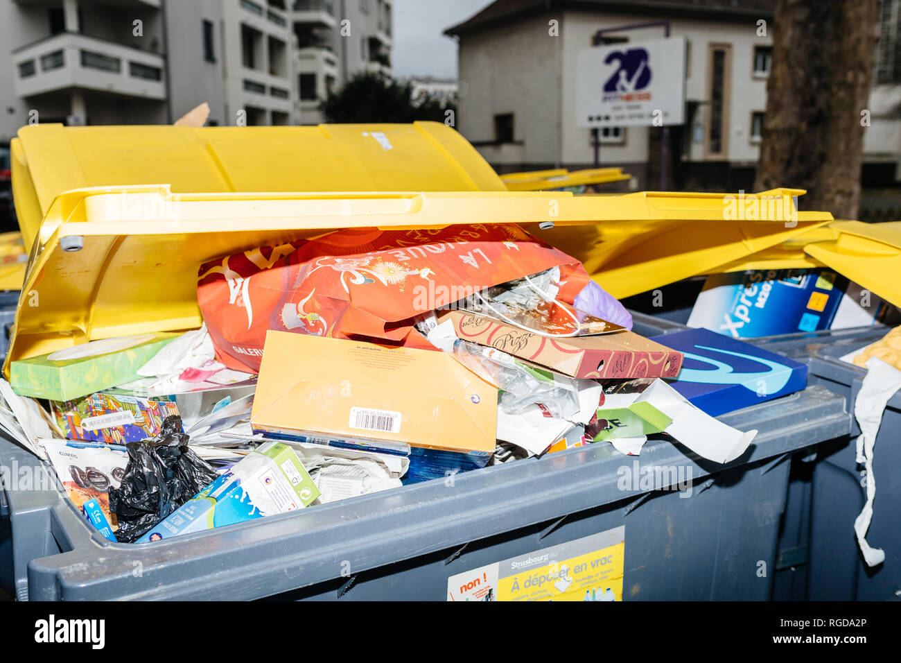 Paris, France - Jan 1, 2019: French street in Paris with gray yellow ...