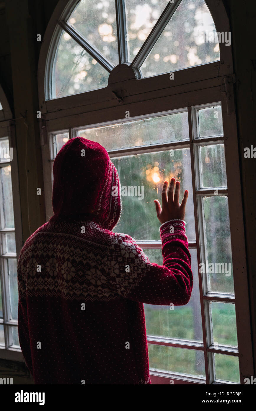 Back view of man wearing hooded jacket looking out of window Stock ...