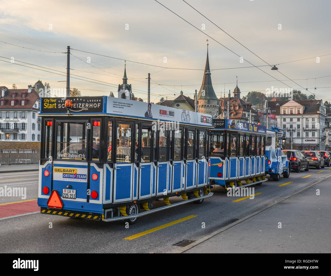 Lucerne, Switzerland - Oct 23,2018. City Tour shuttle train running at ...