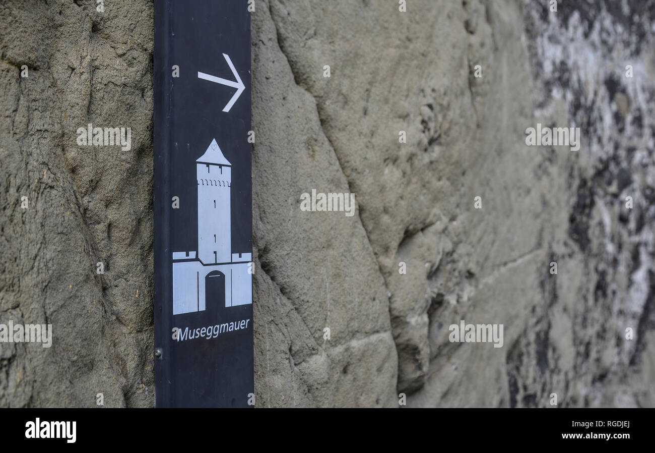 Lucerne, Switzerland - Oct 23, 2018. Sugnboard of Museggmauer in ...