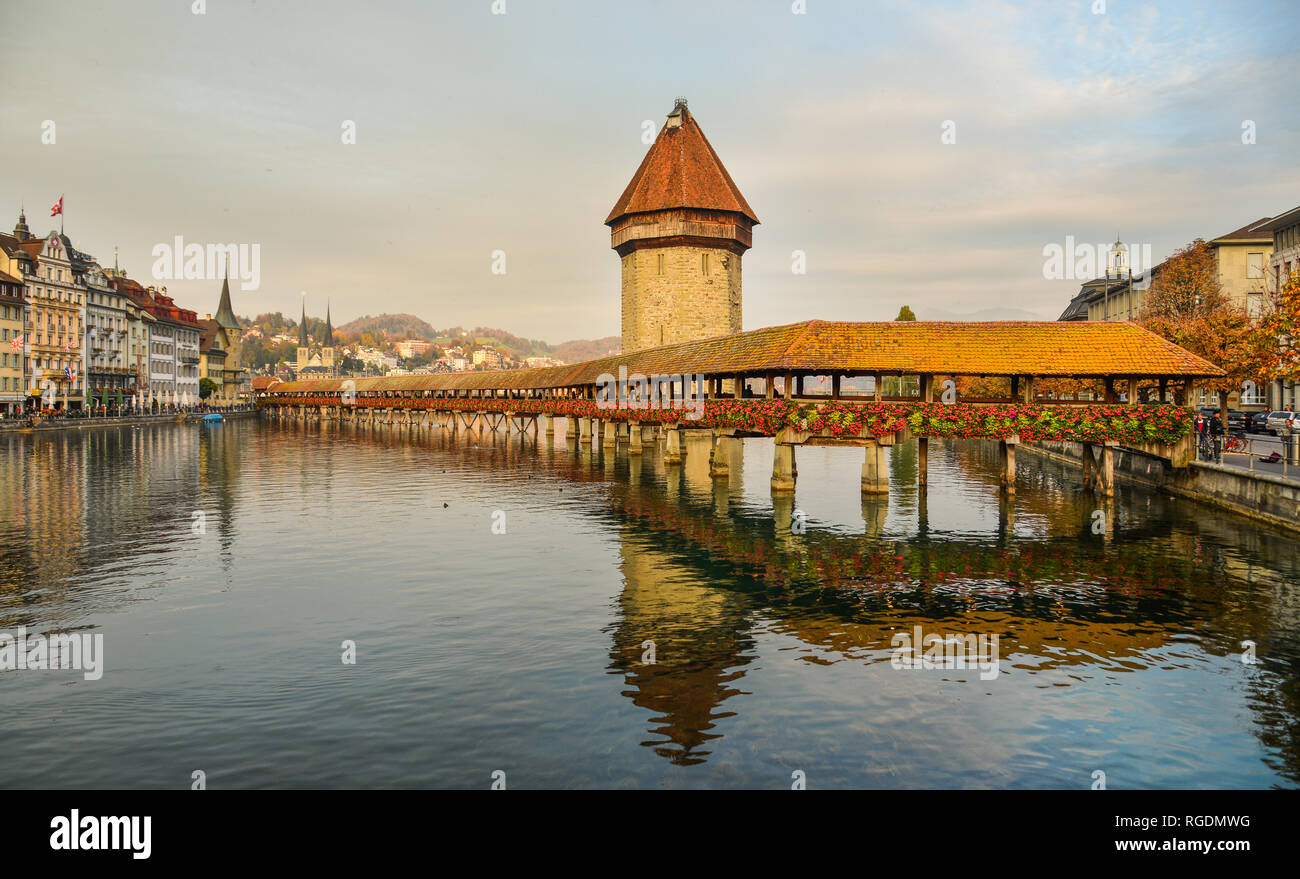 Lucerne, Switzerland - Oct 23, 2018. Sunset scenery of Chapel Bridge in ...