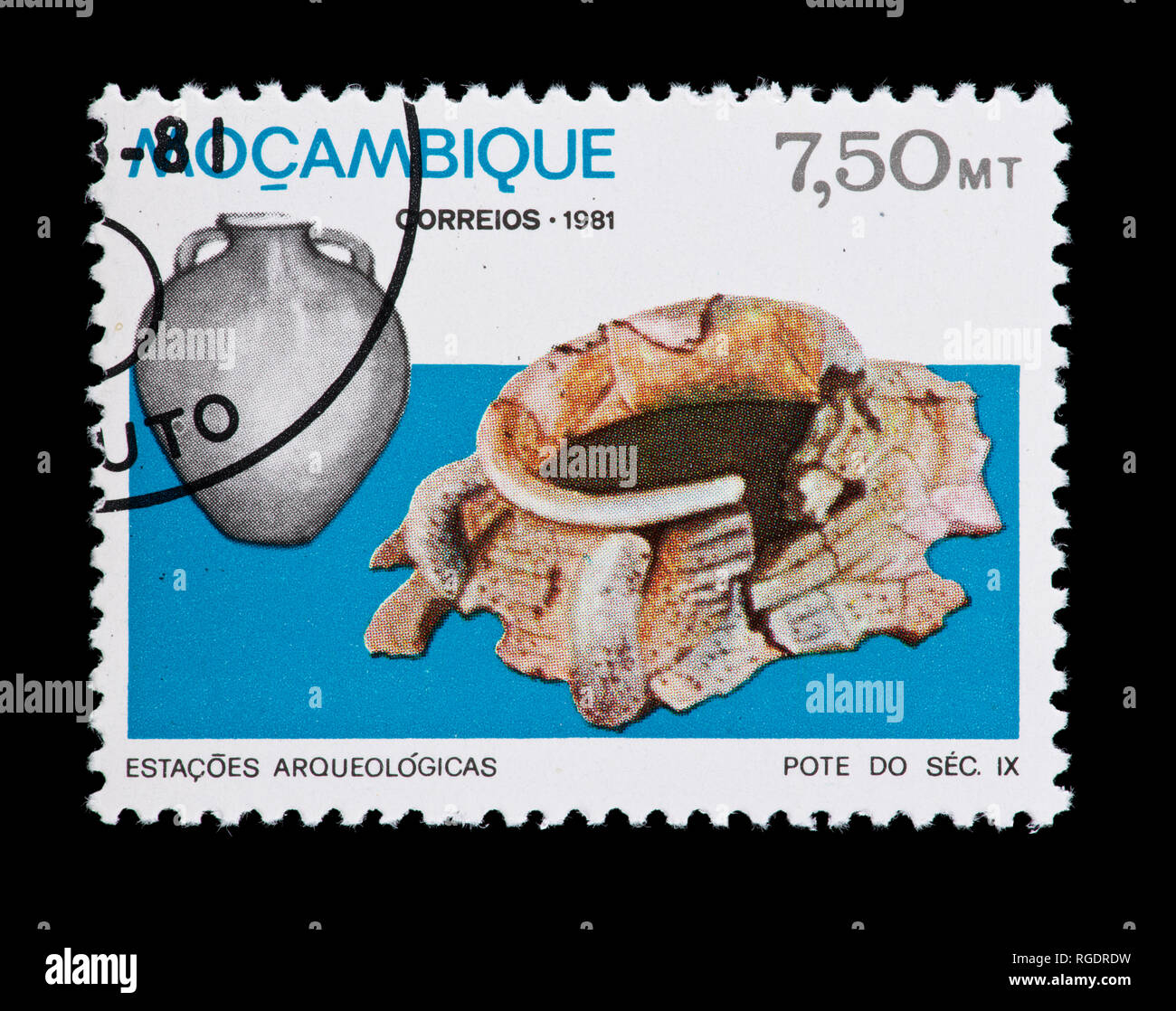 Postage stamp from Mozambique depicting a pot from the Chibuene site ...