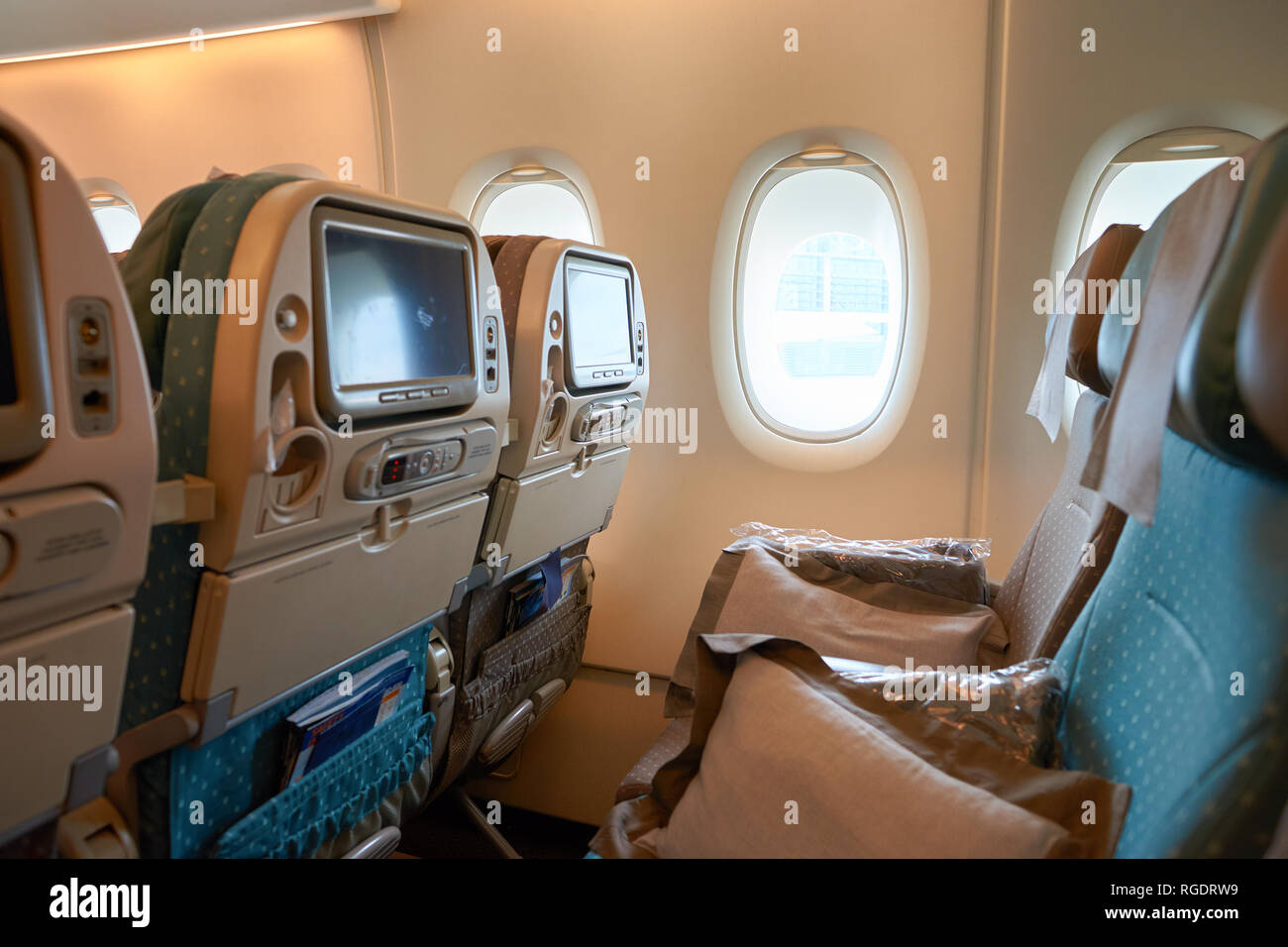 SINGAPORE - CIRCA AUGUST, 2016: inside Singapore Airlines Airbus A380 ...