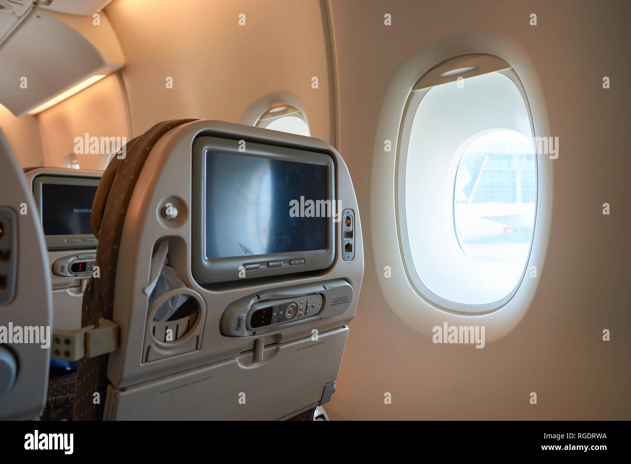 SINGAPORE - CIRCA AUGUST, 2016: inside Singapore Airlines Airbus A380 ...