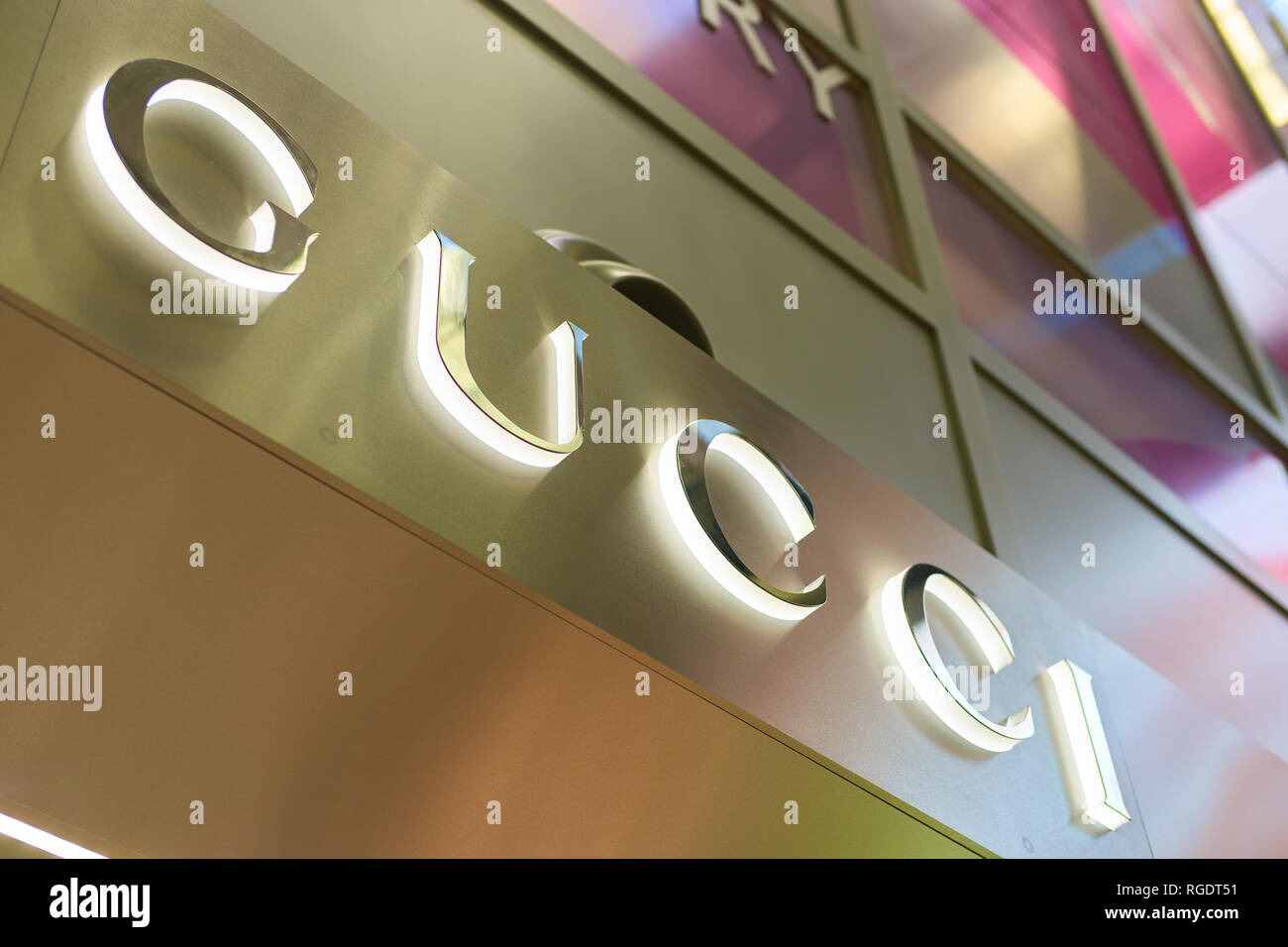 SINGAPORE - CIRCA SEPTEMBER, 2016: close up shot of Gucci sign at ...