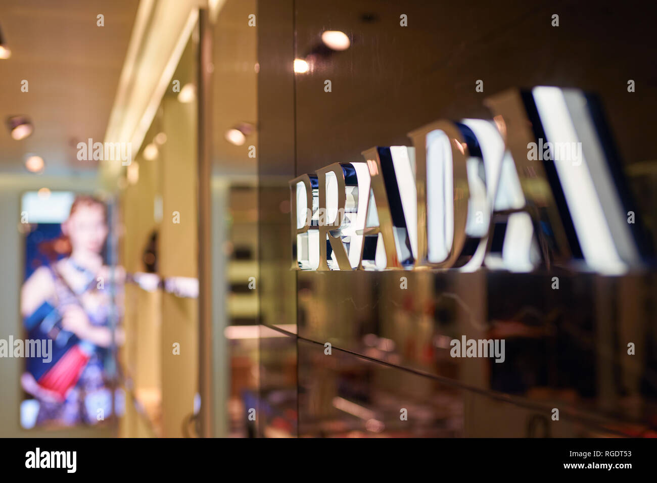 SINGAPORE - CIRCA SEPTEMBER, 2016: close up shot of Prada sign at ...
