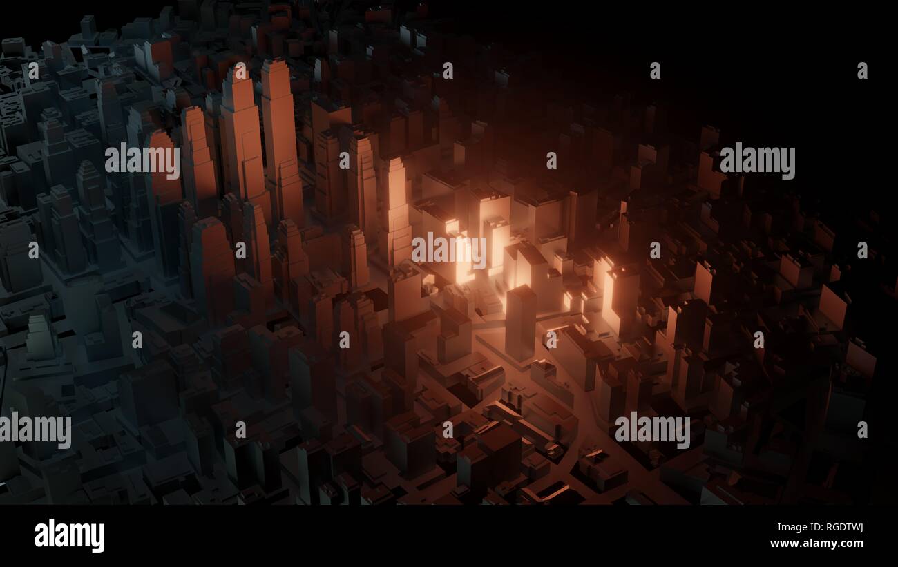 3d city with bright flashes on a dark background Stock Photo - Alamy
