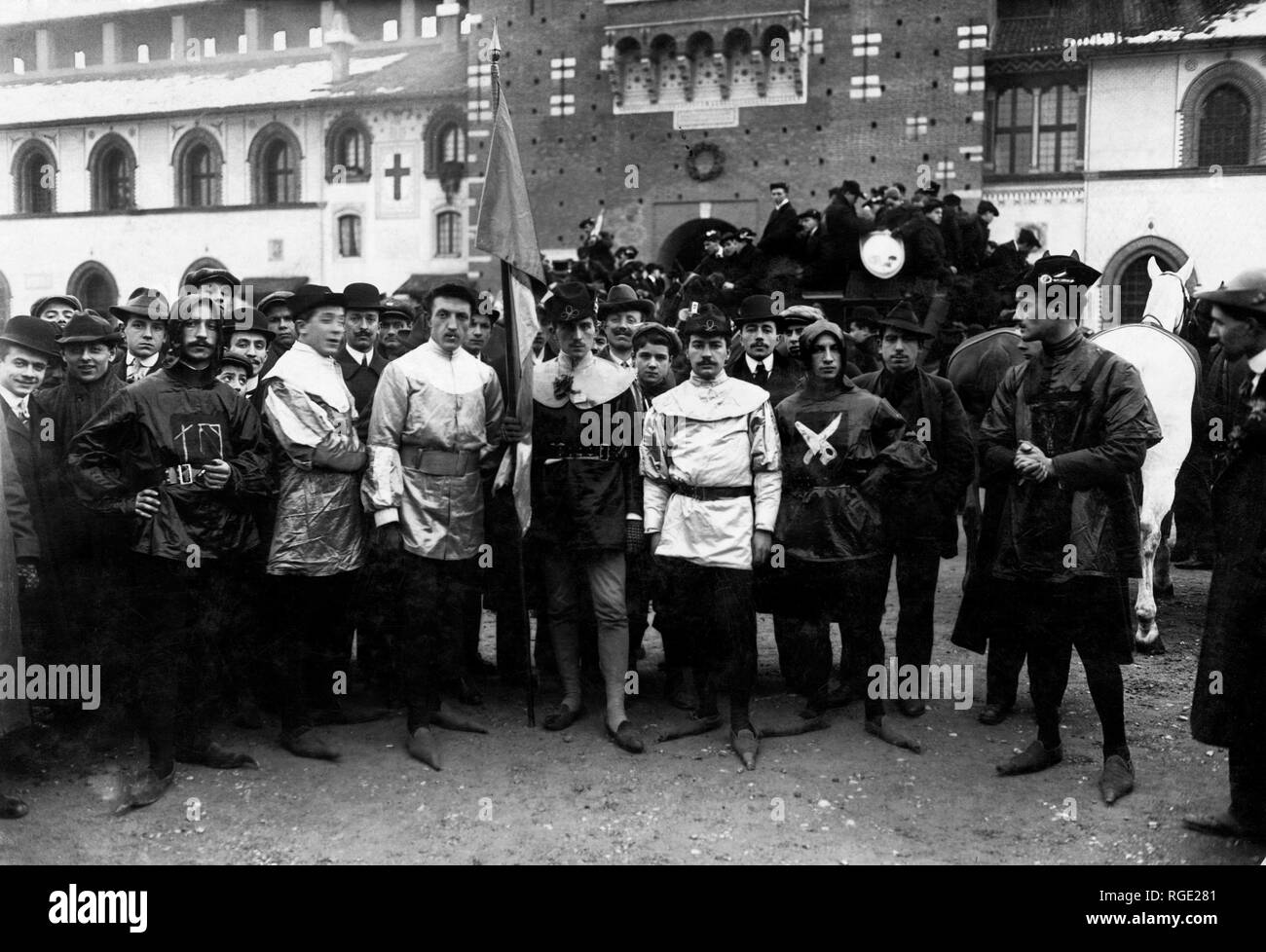 Italy, Milan, goliards in the courtyard of the Castello Sforzesco, 1900 ...