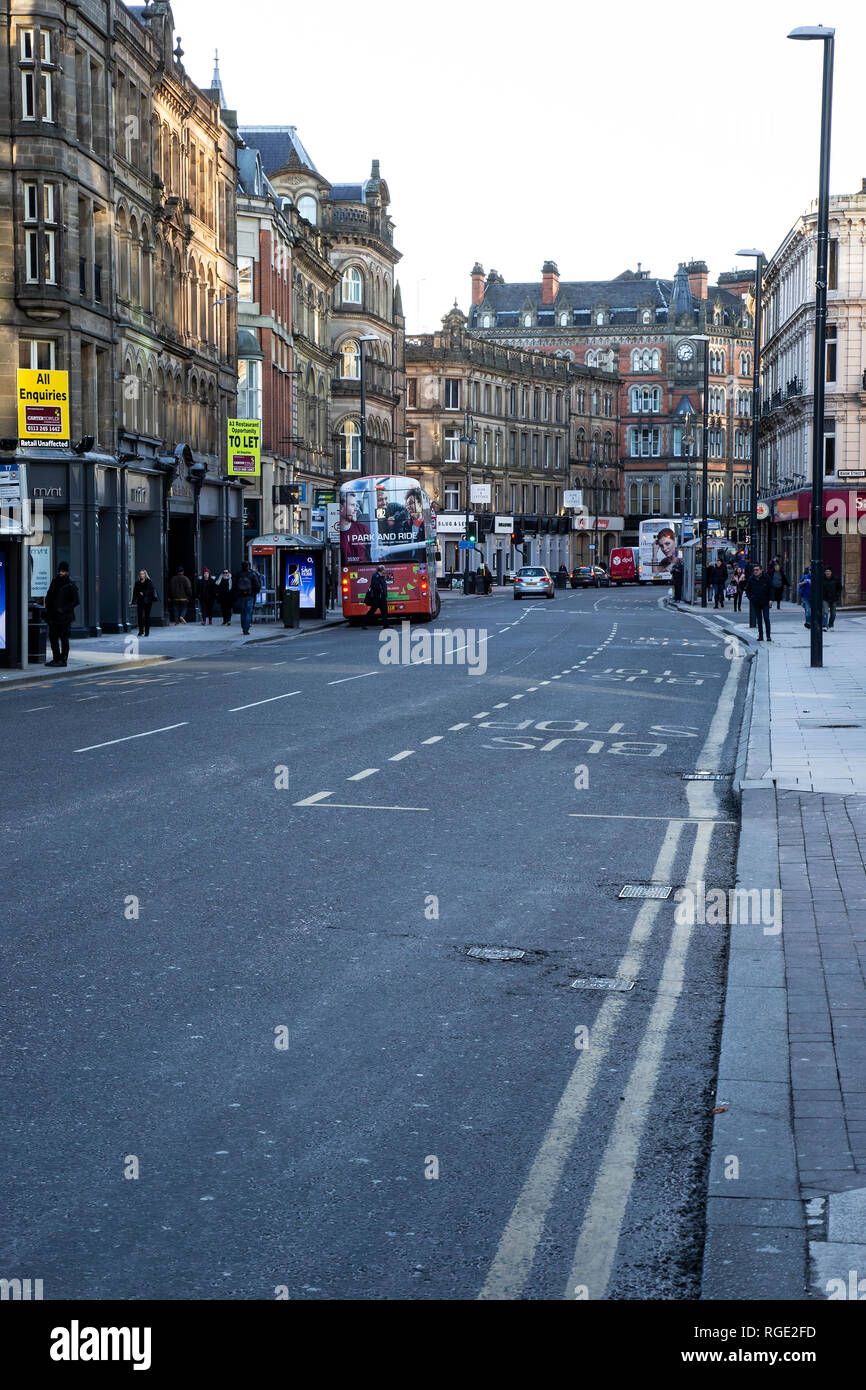 A view along Boar Lane in Leeds City Centre a busy thoroughfare with an ...