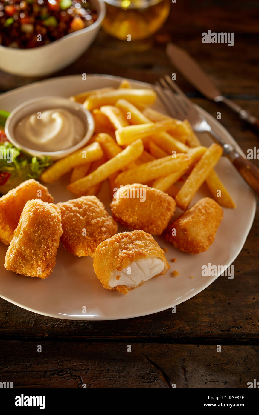 Tasty seafood snack or appetizer of fried kibbeling or bite sized ...