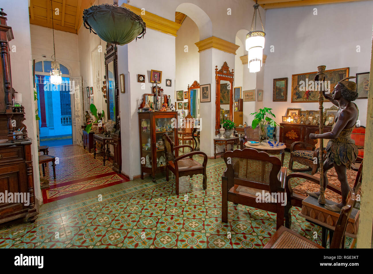 Room of a colonial house with antique wooden furniture and decorated ...