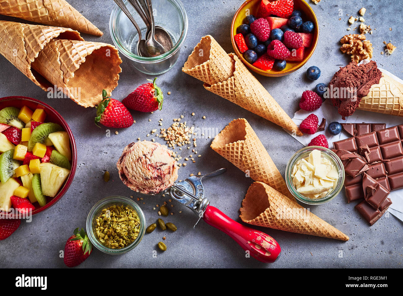 Ingredients for making and serving gourmet artisanal ice cream with ...