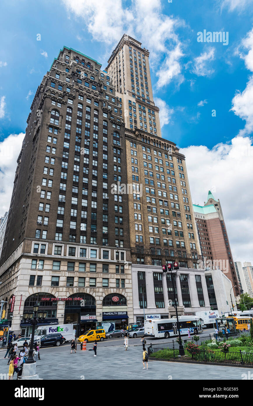 New York City, USA - July 26, 2018: Facade of classic skyscrapers with ...