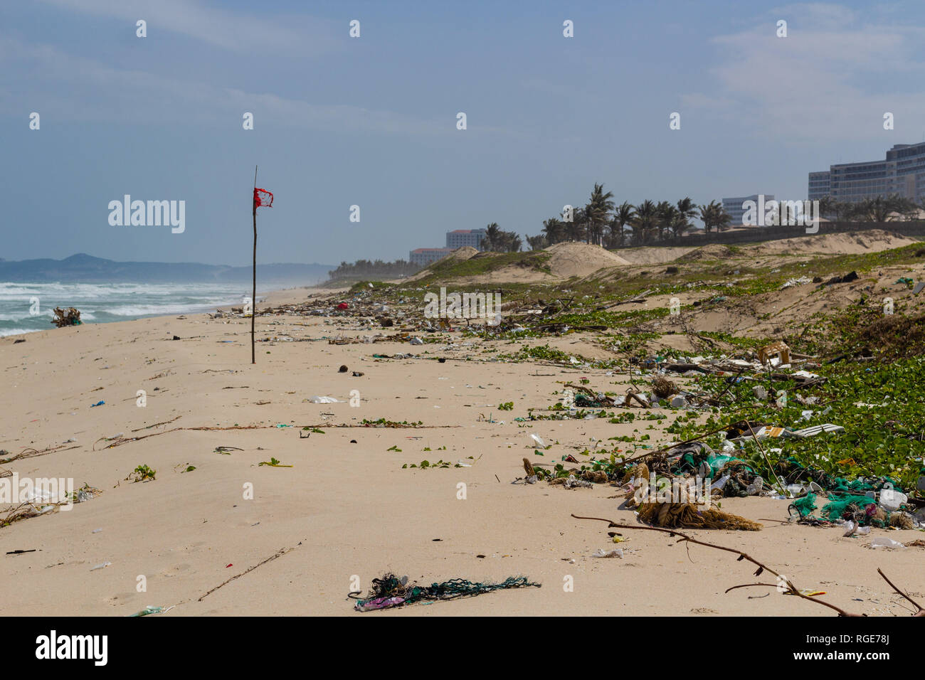 Beach pollution, plastic and waste from ocean on the beach Stock Photo ...