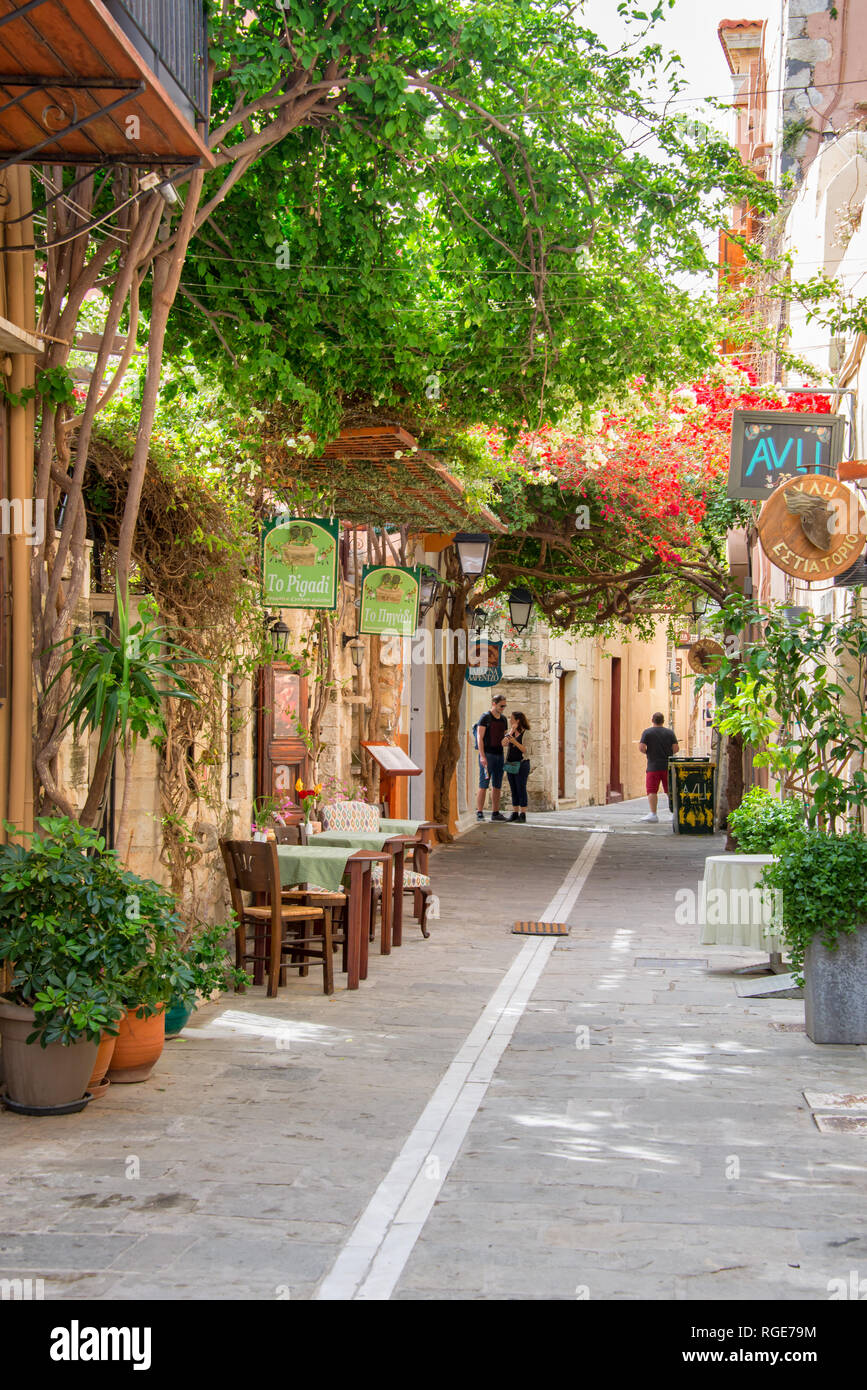Pedestrian street in the old town of Rethymno in Crete, Greece Stock ...