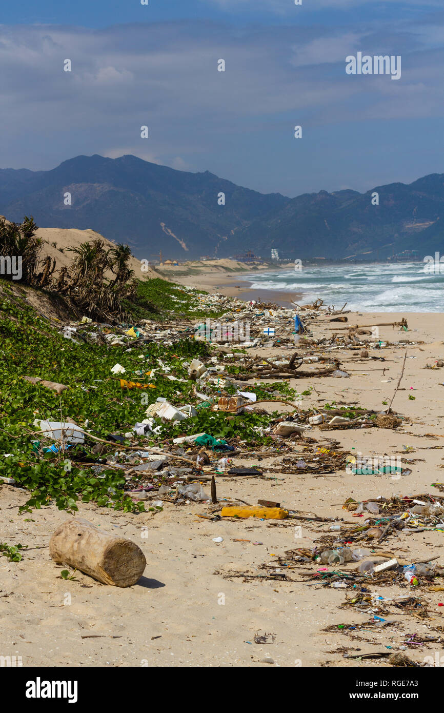Beach pollution, plastic and waste from ocean on the beach Stock Photo ...