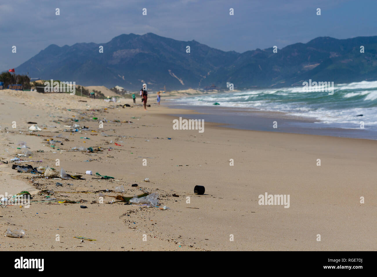 Beach pollution, plastic and waste from ocean on the beach Stock Photo ...