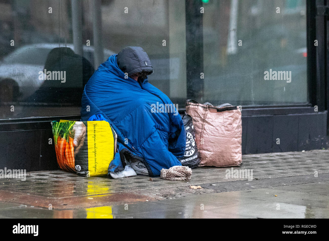 Homeless & homelessness & rough sleeper; living on the streets, doorway ...