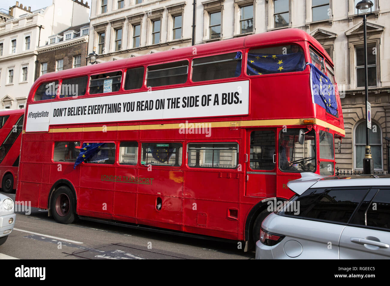 London, UK. 29th January, 2019. A red double-decker bus bearing a ...