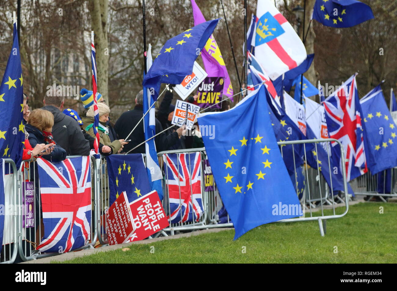 London, UK. 29th Jan, 2019. Protesters seen with flags, banners and ...