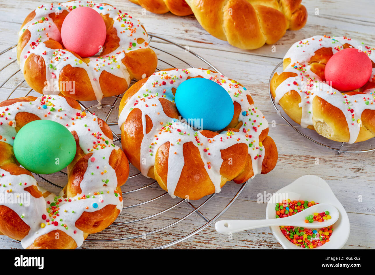 close-up of traditional sweet Italian Easter Bread Rings glazed around ...