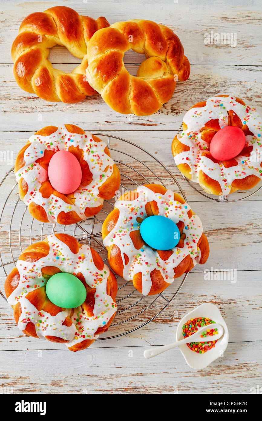 Italian Easter Bread Rings glazed around dyed egg and topped with ...