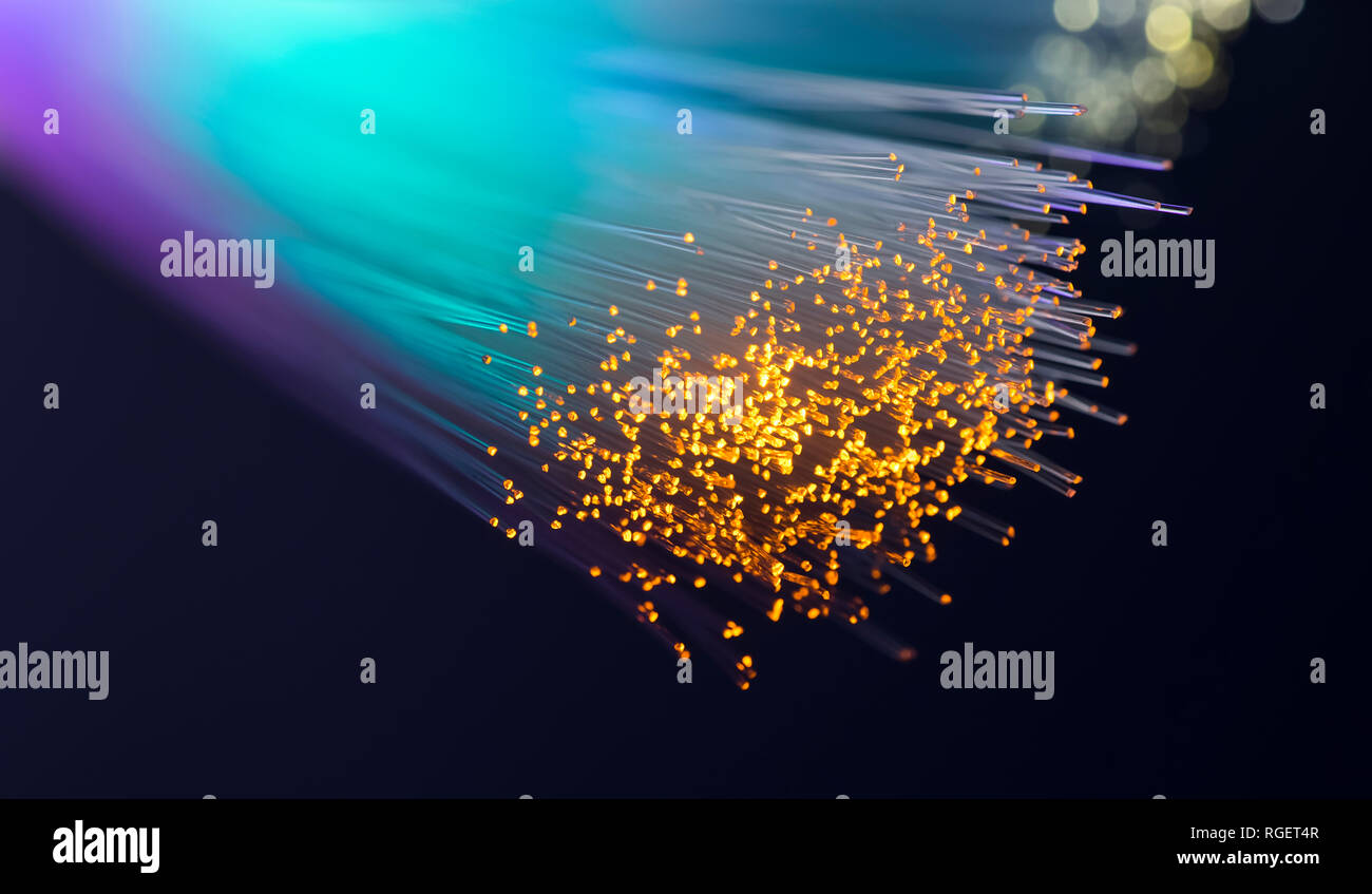 optical fibres dinamic flying from deep on technology background Stock ...