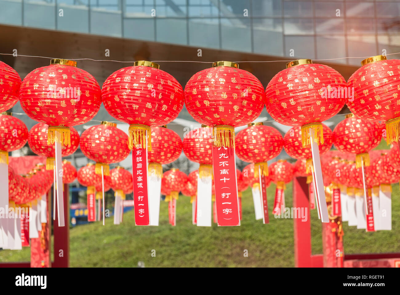 red lanterns with chinese letters printed mean bring good luck,word on ...